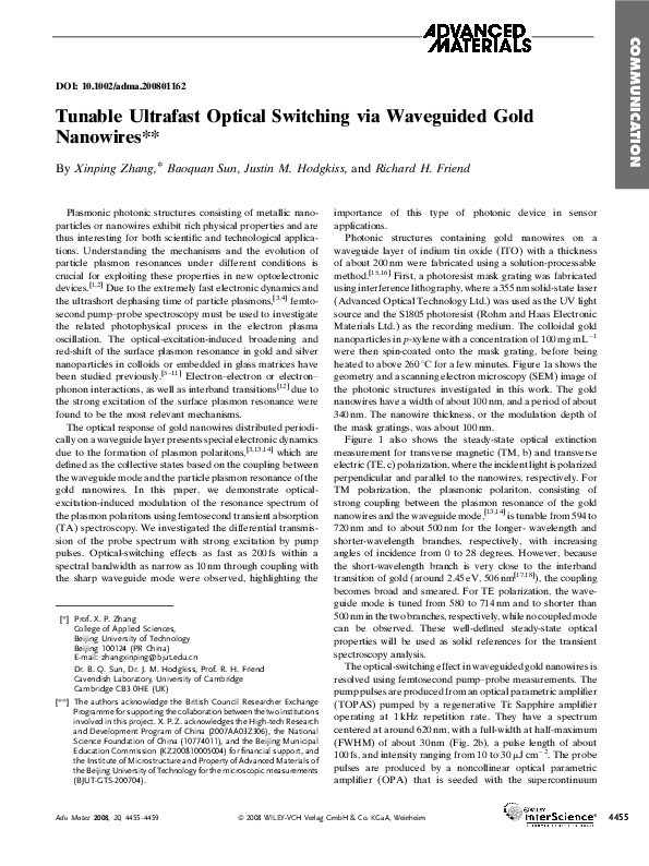 (PDF) Tunable Ultrafast Optical Switching via Waveguided Gold Nanowires