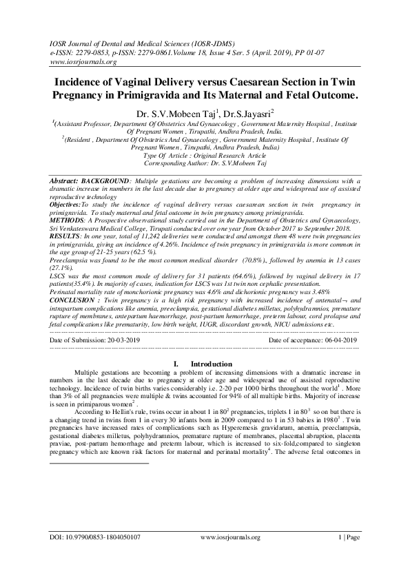Pdf Incidence Of Vaginal Delivery Versus Caesarean Section In Twin