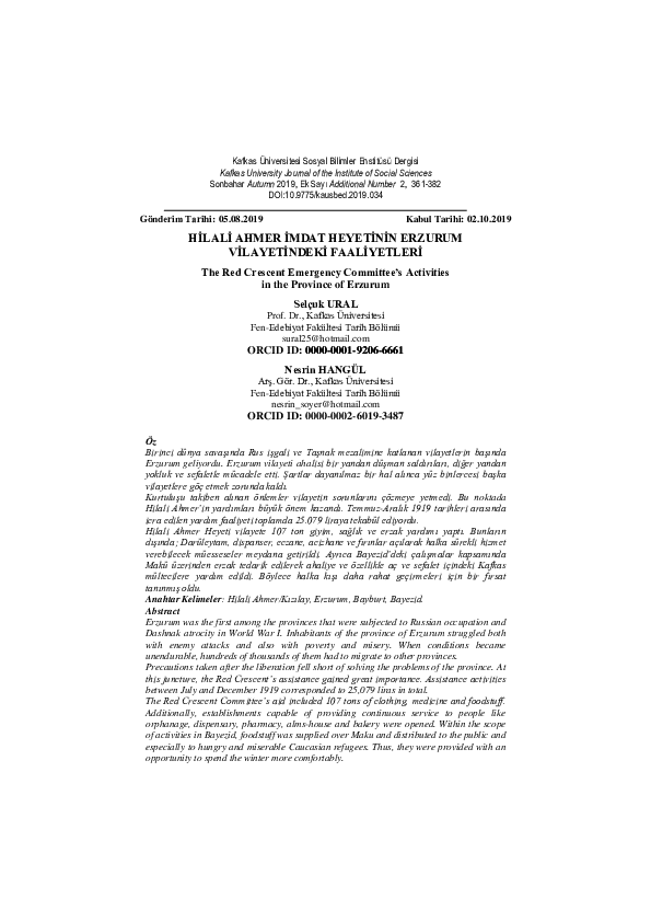 (PDF) HİLALİ AHMER İMDAT HEYETİNİN ERZURUM VİLAYETİNDEKİ FAALİYETLERİ