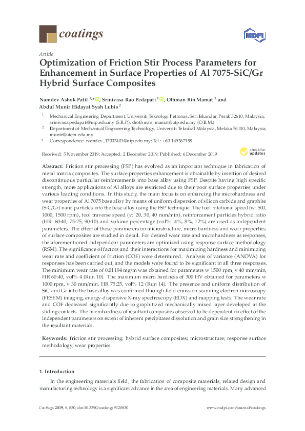(PDF) Optimization of Friction Stir Process Parameters for Enhancement in Surface Properties of ...