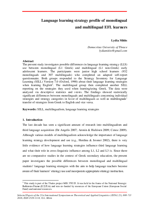 (PDF) Language learning strategy profile of monolingual and ...