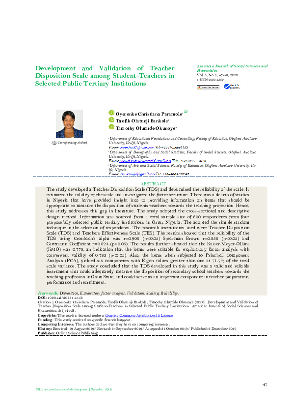 (PDF) Development and Validation of Teacher Disposition Scale among ...