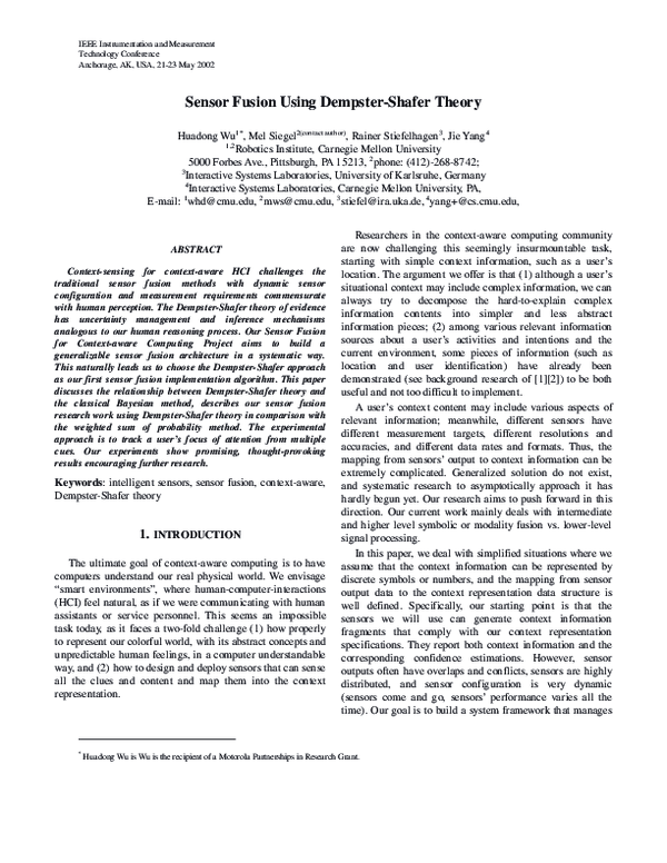 Pdf Sensor Fusion Using Dempster Shafer Theory