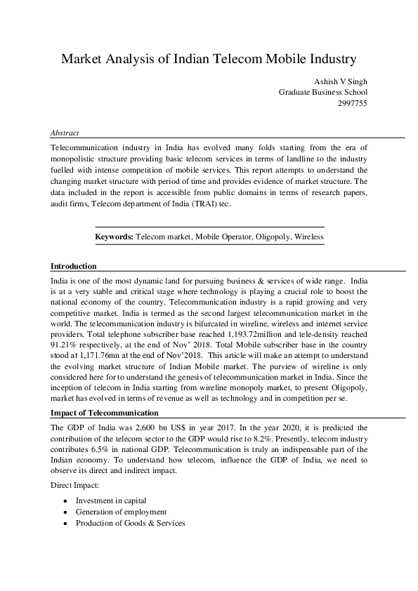 (DOC) Market Analysis of Indian Telecom Mobile Industry