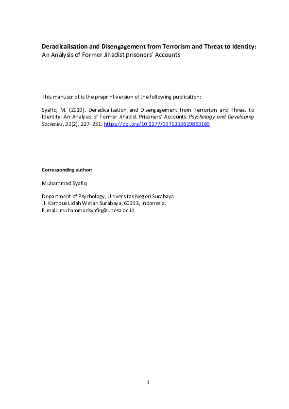 (PDF) Deradicalisation and Disengagement from Terrorism and Threat to Identity: An Analysis of ...
