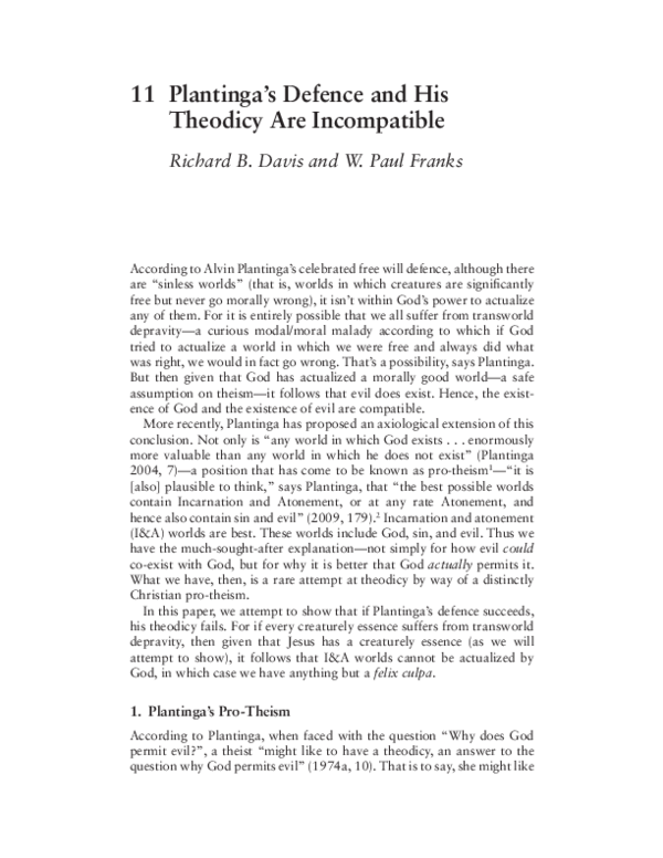 (PDF) Plantinga's Defence and His Theodicy are Incompatible