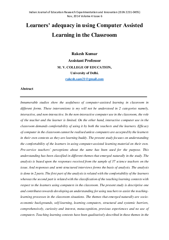 (PDF) Learners' adequacy in using Computer Assisted Learning in the Classroom