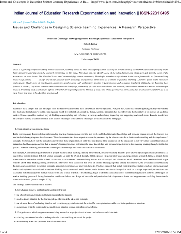 (PDF) Issues and Challenges in Designing Science Learning Experiences ...