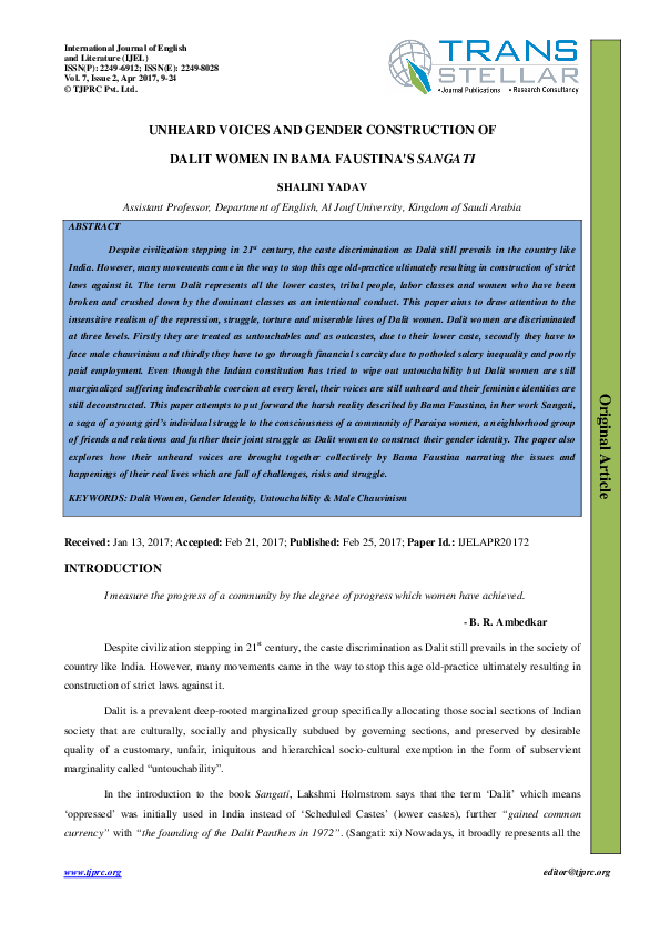 (PDF) UNHEARD VOICES AND GENDER CONSTRUCTION OF DALIT WOMEN IN BAMA ...