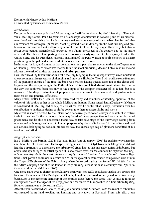 (PDF) Design with Nature by Ian McHarg Commented by F. D. Moccia