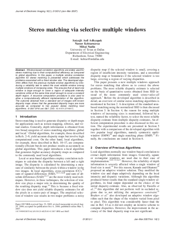 (PDF) Stereo matching via selective multiple windows