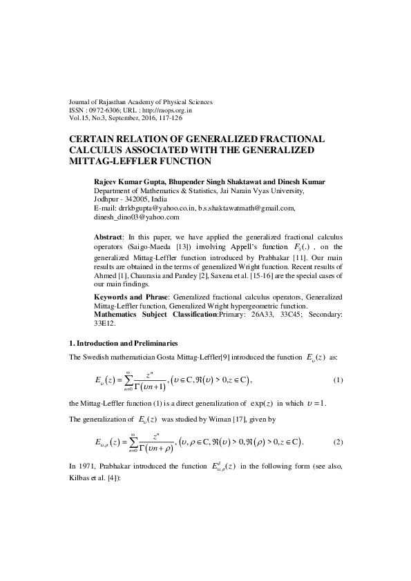 Pdf Fractional Calculus Of A Unified Mittag Leffler Function