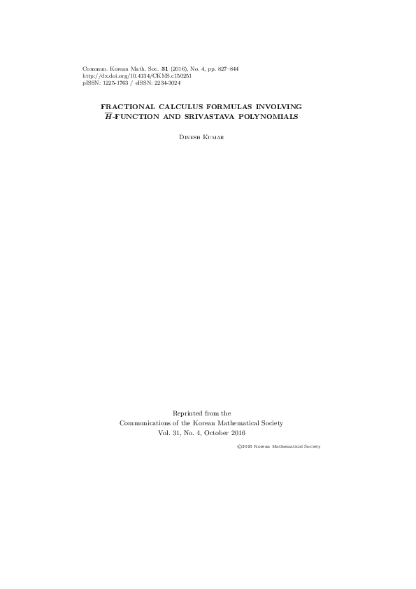 Pdf Fractional Calculus Formulas Involving Bar{h} Function And Srivastava Polynomials