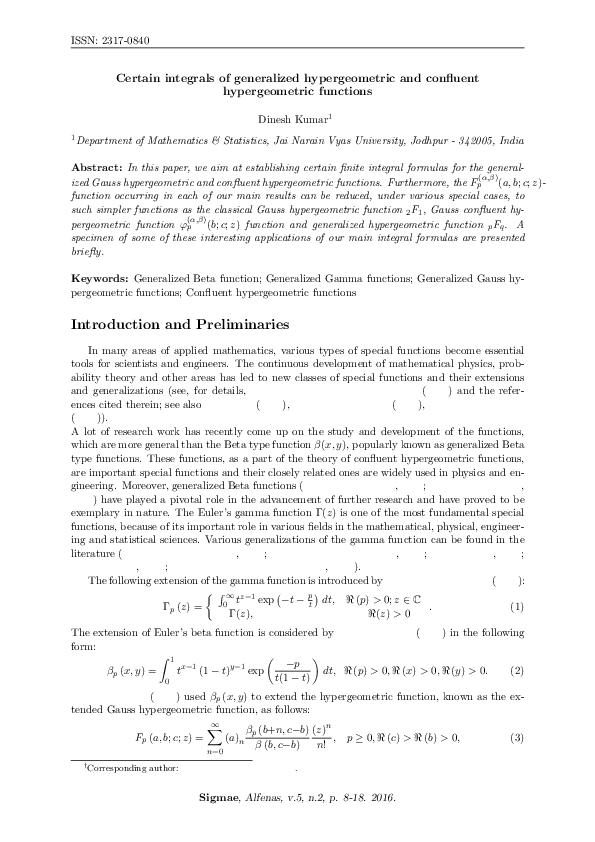 (PDF) Certain integrals of generalized hypergeometric and confluent hypergeometric functions