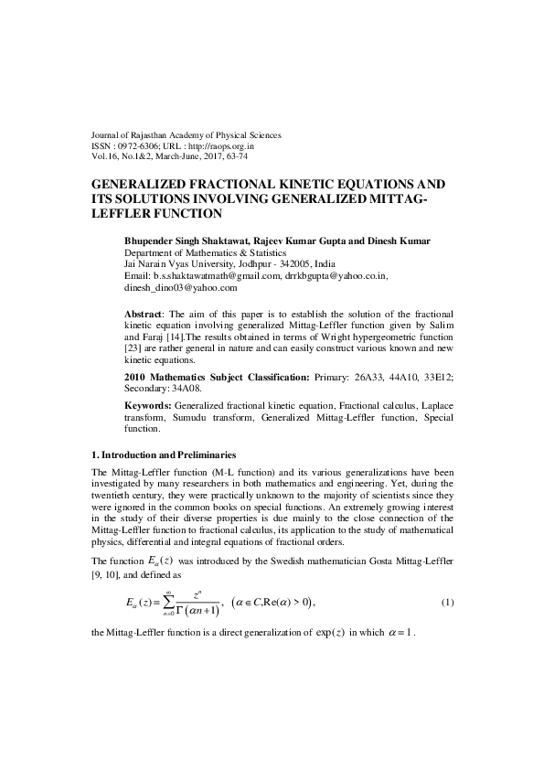 (PDF) Generalized fractional kinetic equations and its solutions involving generalized Mittag ...