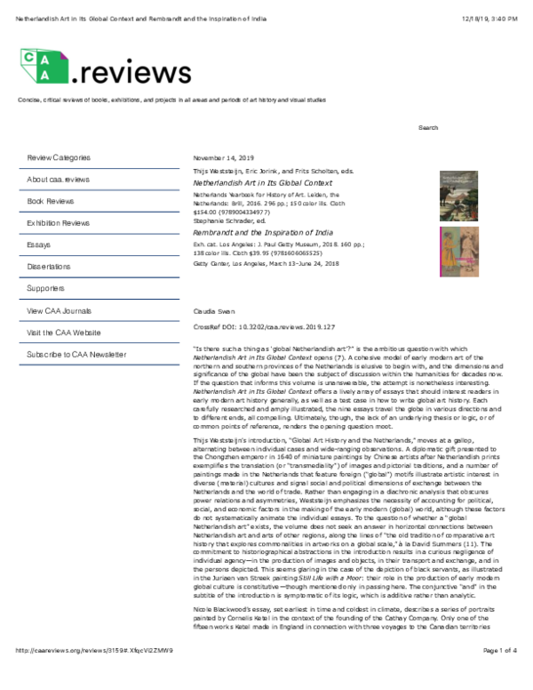 (PDF) SWAN Review CAA Netherlandish Art in Its Global Context and Rembrandt and the Inspiration ...