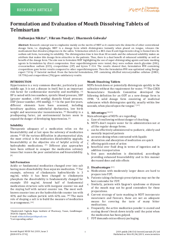 Pdf Formulation And Evaluation Of Mouth Dissolving Tablets Of Telmisartan