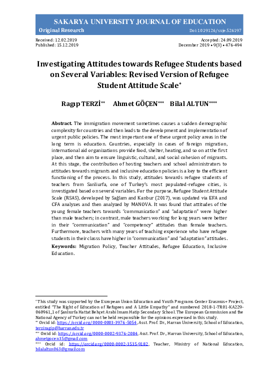(PDF) Investigating Attitudes towards Refugee Students based on Several Variables: Revised ...