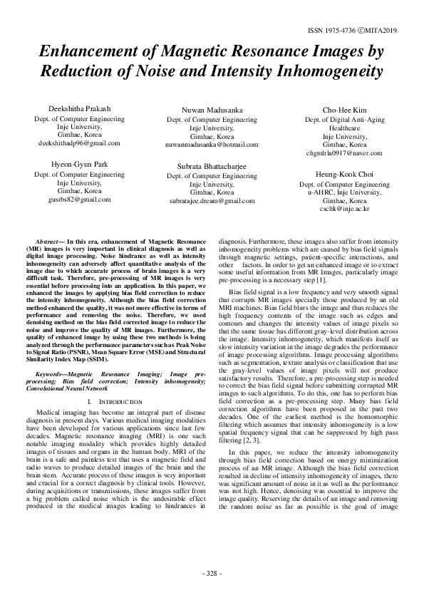 (PDF) Enhancement of Magnetic Resonance Images by Reduction of Noise and Intensity Inhomogeneity