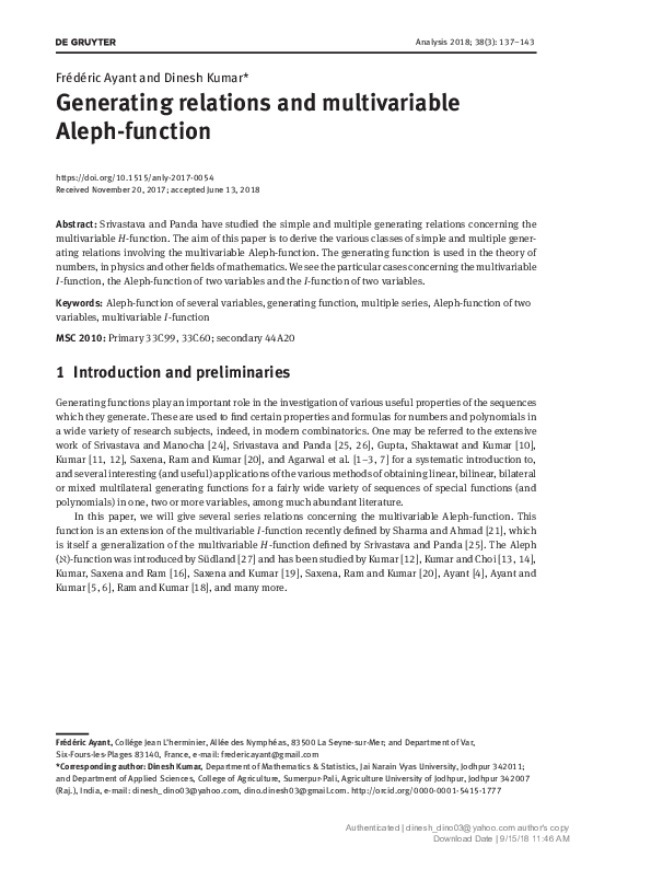 Pdf Generating Relations And Multivariable Aleph Function Dr Dinesh Kumar