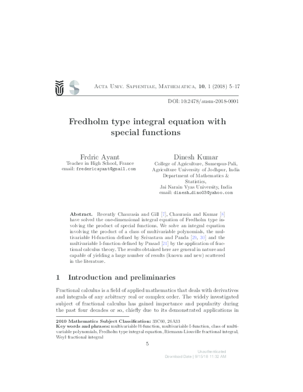 Pdf Fredholm Type Integral Equation With Special Functions
