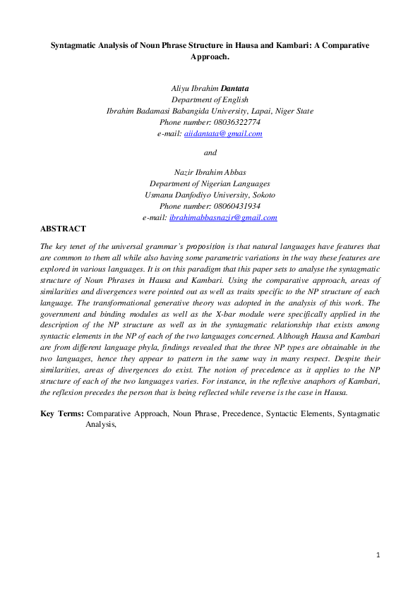 (DOC) Syntagmatic Analysis of Noun Phrase Structure in Hausa and ...