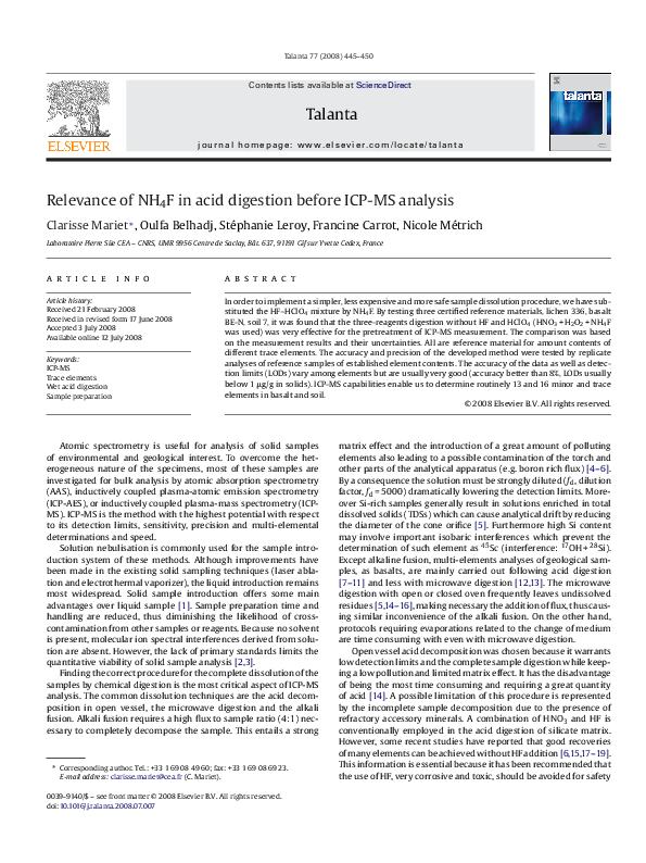 (PDF) Relevance of NH4F in acid digestion before ICP-MS analysis