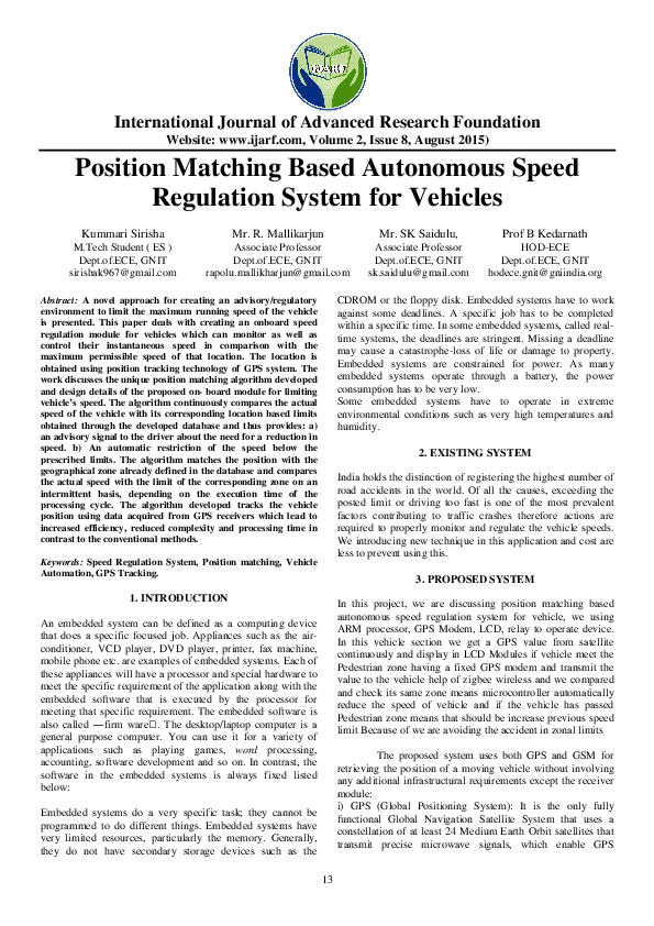 (PDF) Position Matching Based Autonomous Speed Regulation System for ...
