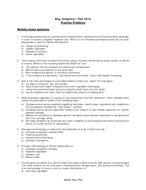 (PDF) Eng. Analytics I -Fall 2019 Practice Problems Multiple choice ...