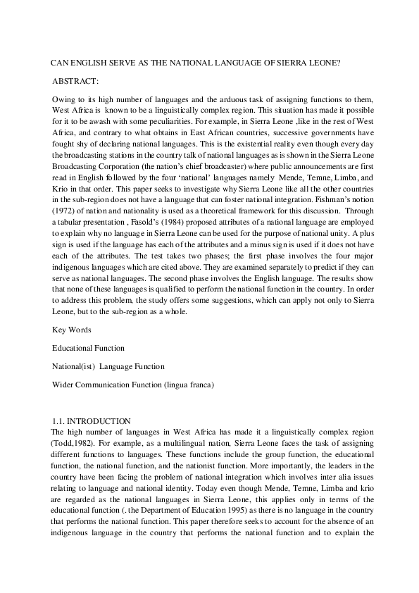 (PDF) CAN ENGLISH SERVE AS THE NATIONAL LANGUAGE OF SIERRA LEONE?