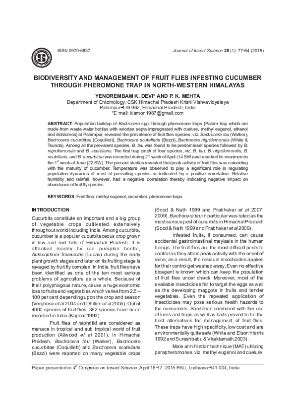 (PDF) BIODIVERSITY AND MANAGEMENT OF FRUIT FLIES INFESTING CUCUMBER THROUGH PHEROMONE TRAP IN ...