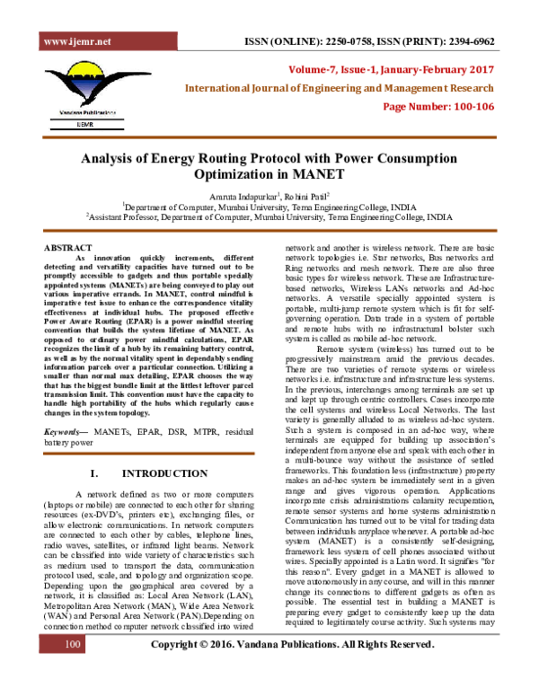 (PDF) Analysis of Energy Routing Protocol with Power Consumption Optimization in MANET