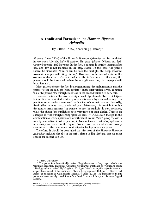 (PDF) A Traditional Formula in the Homeric Hymn to Aphrodite