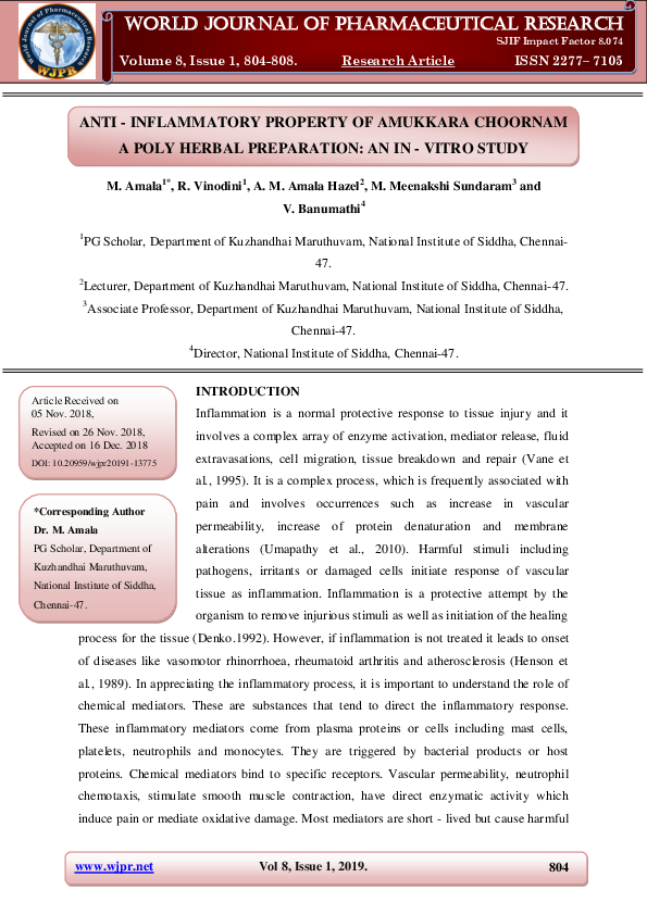 (PDF) ANTI -INFLAMMATORY PROPERTY OF AMUKKARA CHOORNAM A POLY HERBAL PREPARATION: AN IN -VITRO STUDY