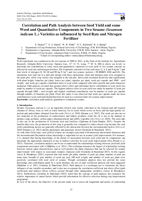 Pdf Correlation And Path Analysis Between Seed Yield And Some Weed And Quantitative Components