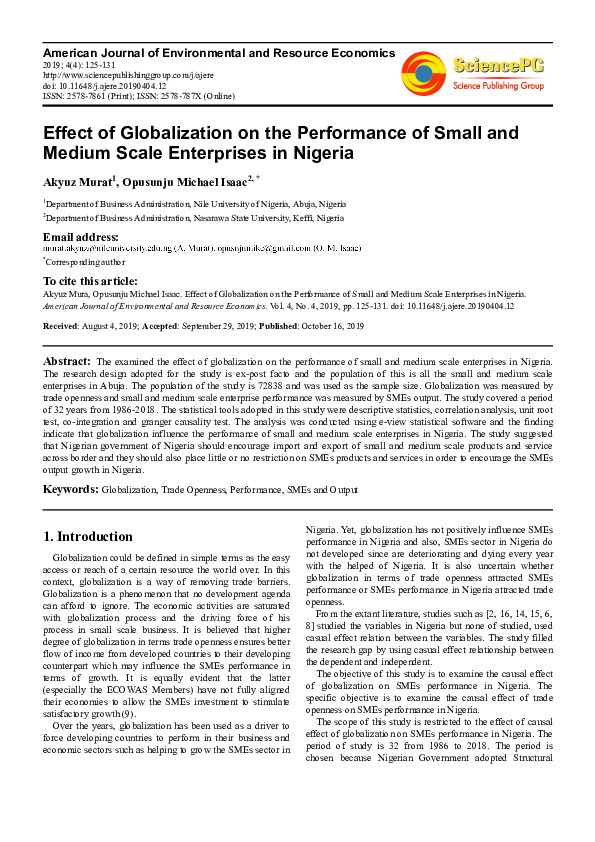 (PDF) Effect of Globalization on the Performance of Small and Medium Scale Enterprises in Nigeria