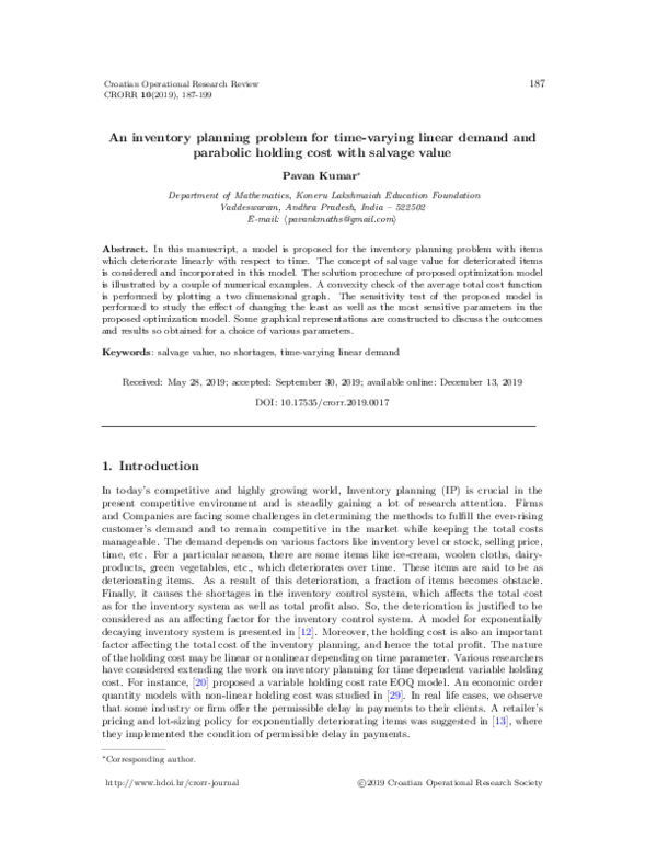 Pdf An Inventory Planning Problem For Time Varying Linear Demand And Parabolic Holding Cost