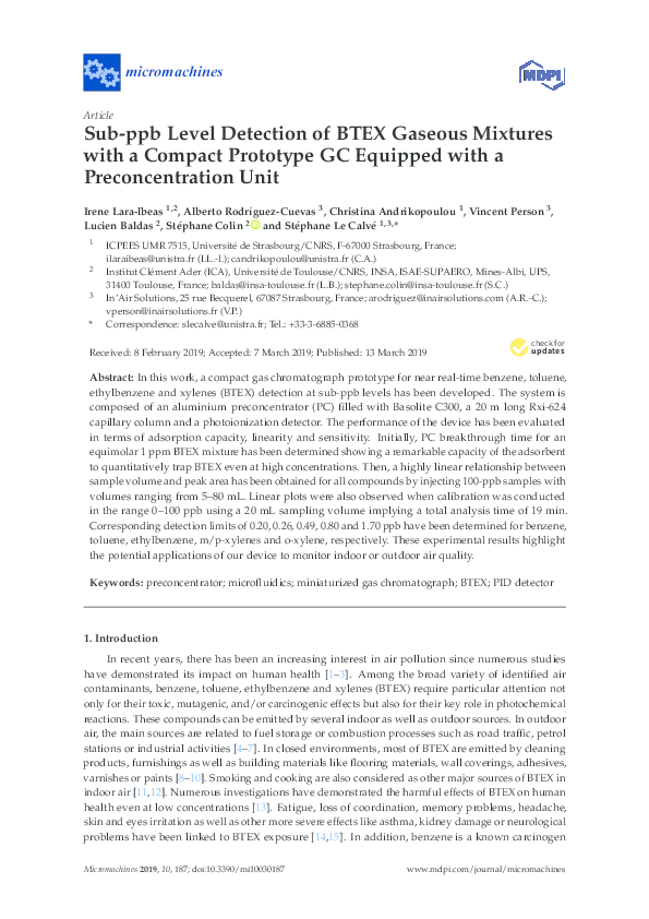 Pdf Sub Ppb Level Detection Of Btex Gaseous Mixtures With A Compact