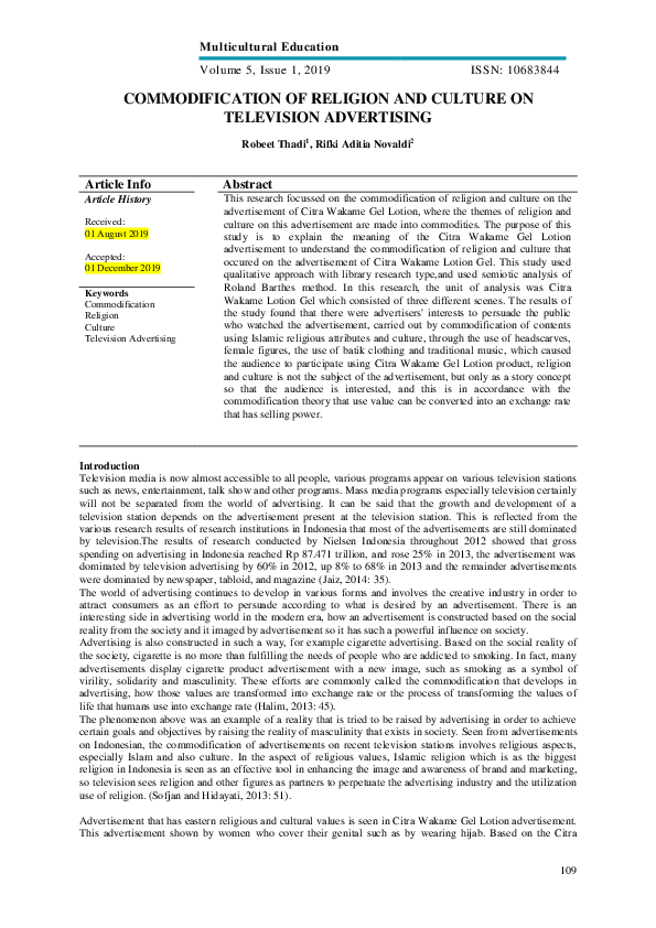 (PDF) COMMODIFICATION OF RELIGION AND CULTURE ON TELEVISION ADVERTISING