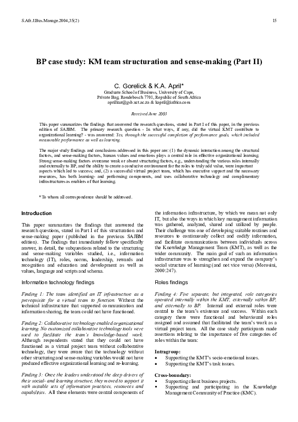 (PDF) BP Case Study: KM Team Structuration and Sense-Making (Part II)