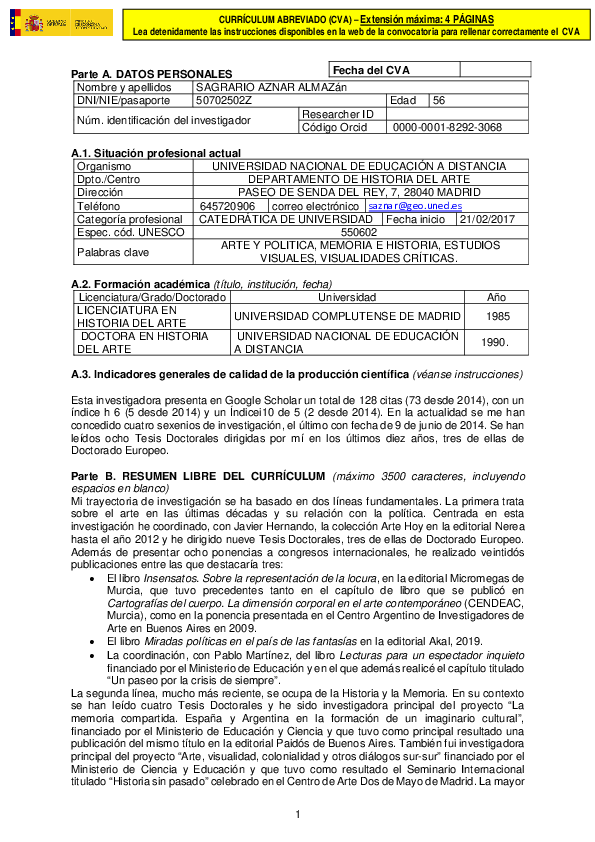 (PDF) CURRÍCULUM ABREVIADO (CVA) -Extensión máxima: 4 PÁGINAS