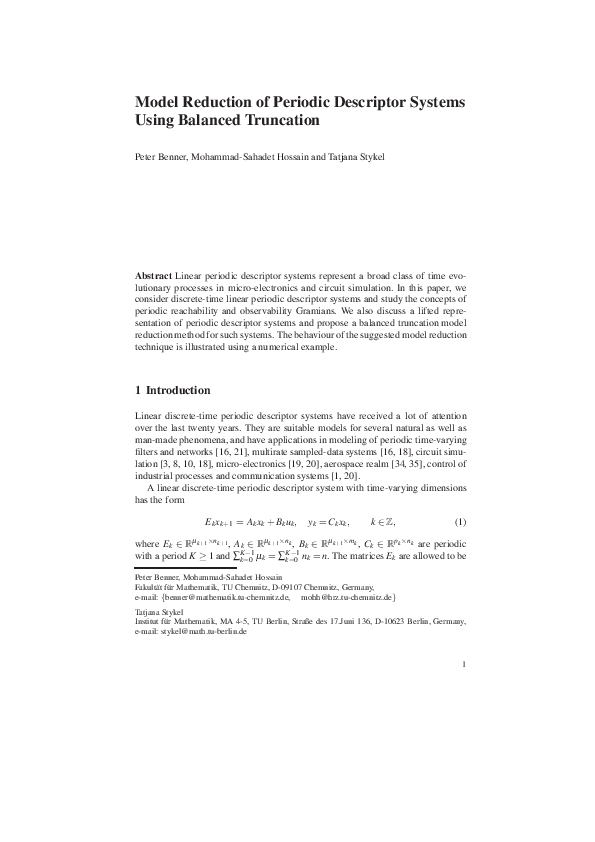 Pdf Model Reduction Of Periodic Descriptor Systems Using Balanced Truncation
