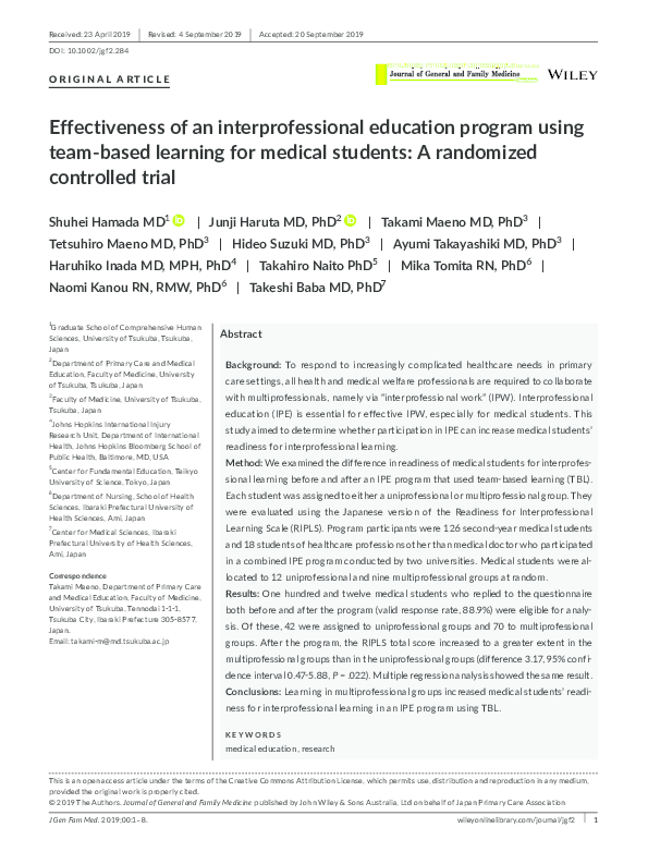 (PDF) Effectiveness of an interprofessional education program using team‐based learning for ...