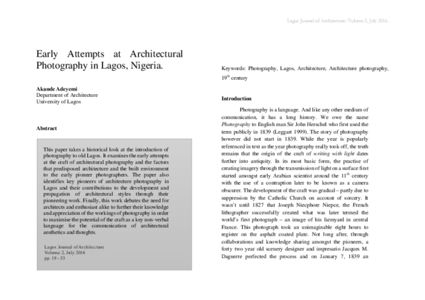 (PDF) Early Attempts at Architectural Photography in Lagos, Nigeria