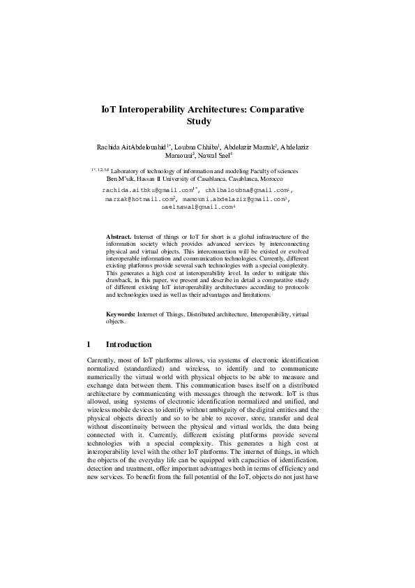 (PDF) IoT Interoperability Architectures: Comparative Study
