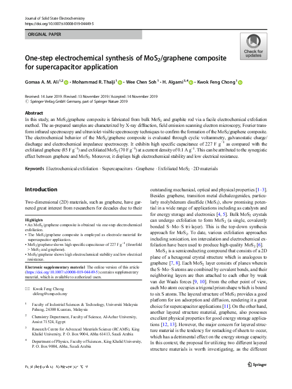 (PDF) One-step electrochemical synthesis of MoS 2 /graphene composite ...