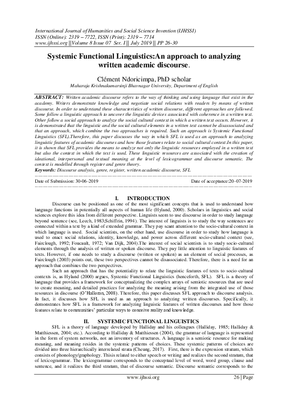 (PDF) Systemic Functional Linguistics:An approach to analyzing written academic discourse