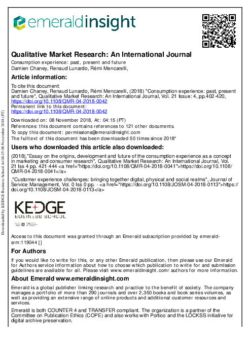 (PDF) Consumption experience: past, present and future
