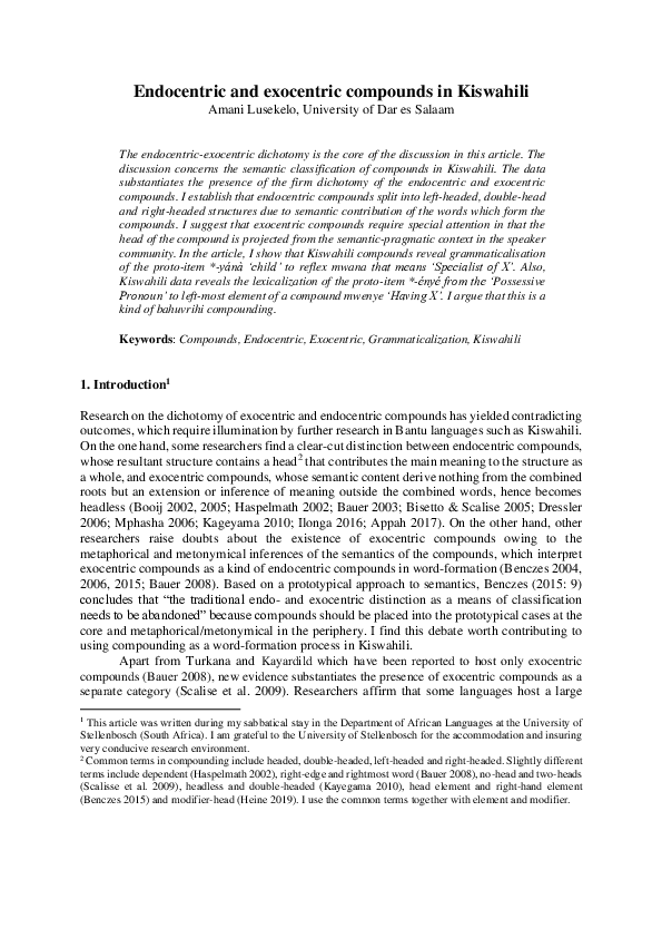 (PDF) Endocentric and exocentric compounds in Kiswahili