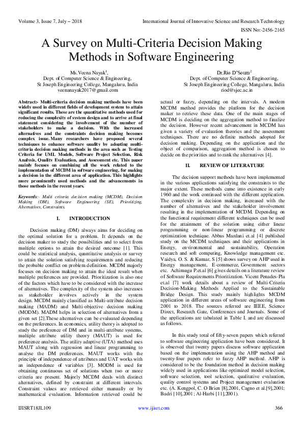 (PDF) A Survey on Multi-Criteria Decision Making Methods in Software Engineering